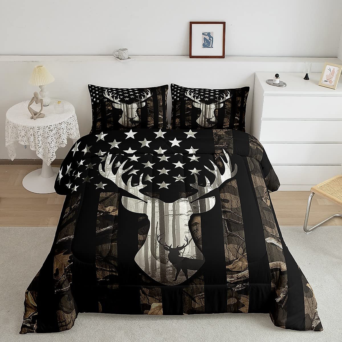 Castle Fairy Deer Antlers Camo Comforter Set Queen Size+Throw Pillow Cover 18x18 Inch
