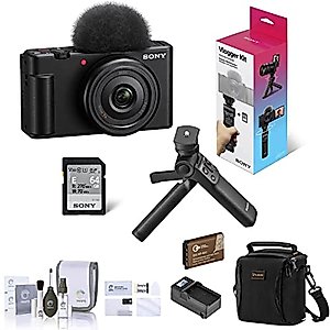 Sony ZV-1F Vlogging Camera, Black Bundle with ACCVC1 Vlogger Accessory Kit, Shoulder Bag, Extra Battery, Charger, Screen Protector, Cleaning Kit