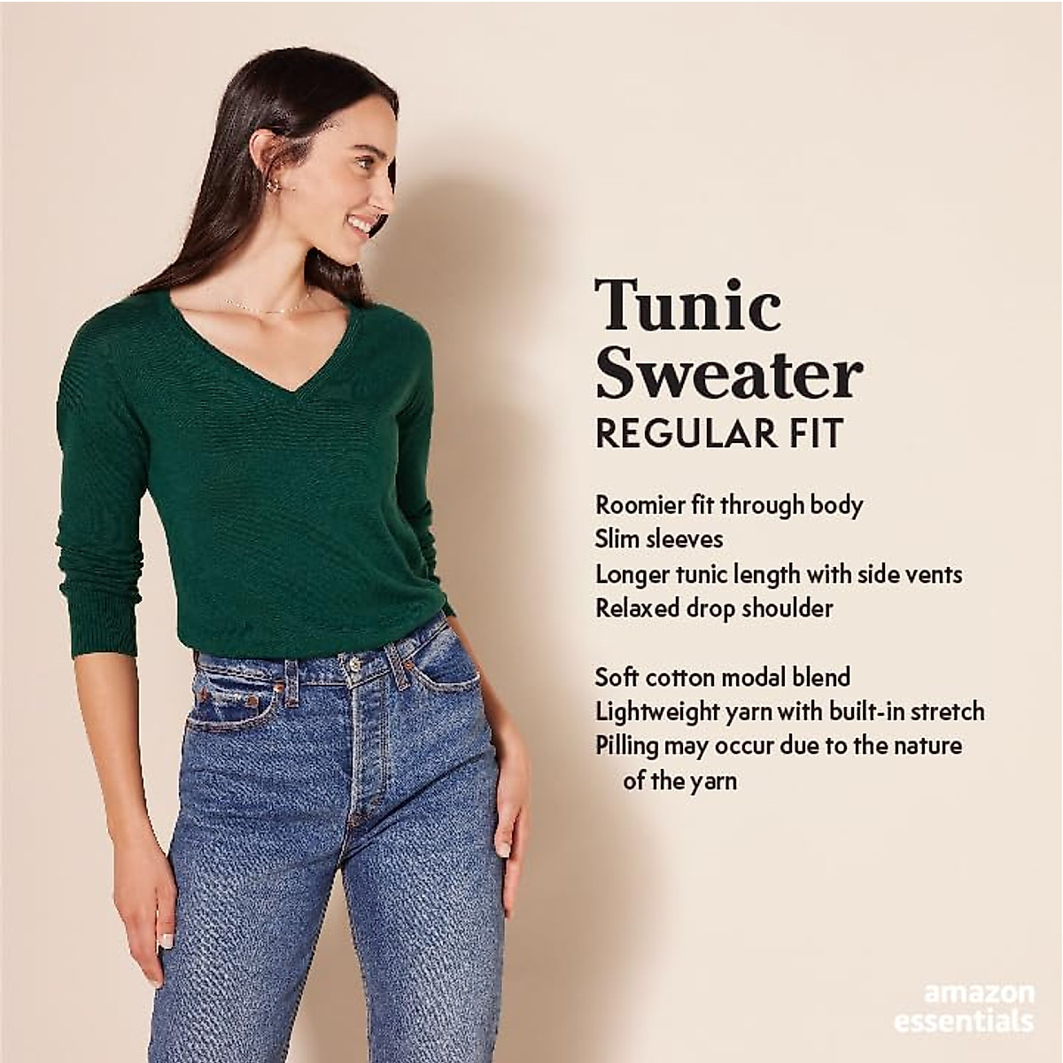 Amazon Essentials Women's Lightweight Long-Sleeve V-Neck Tunic Sweater (Available in Plus Size), Dark Olive, Large