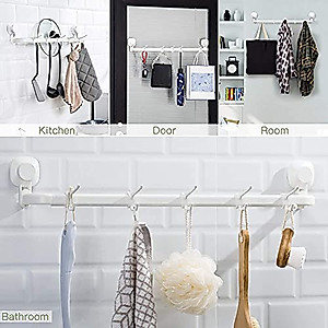 LUXEAR Suction Cup Towel Bar, 24 Inch Adjustable Shower Towel Rack, No Drill & Removable Hand Towel Holder with 5 Hooks, Wall Mounted Towel Bar for Shower Bathroom Kitchen Door - White