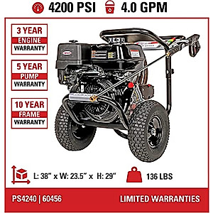 SIMPSON Cleaning PS4240 PowerShot 4200 PSI Gas Pressure Washer, 4.0 GPM, Honda GX390 Engine, Includes Spray Gun, 5 QC Nozzle Tips, 3/8-inch x 50-foot Monster Hose, (49-State)