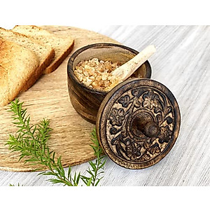 Rustic Salt Box Cellar with Hand Carved Lid & Spoon, Wooden Salt Pinch Bowls | Wood Salt Keeper, Spice Bowls for Cooking | Salt Pepper Tea Sugar Coffee Storage Holder for Kitchen, Mothers Day Gift
