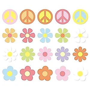 20 Big Groovy Retro Hippie Paper-Cut Party Decoration Wall Collage Aesthetic Set for Teen Girls Flowers Peace Sign Cards Vintage Cut-Outs as Banner Boho Birthday Room Art Window Decor, 8.3*8.3 inch