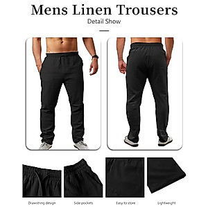 NANAMEEI Men's Drawstring Linen Pants Casual Beach Loose Trousers with Drawsting Elastic Waistband Pocket 2XL Black