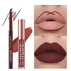 Petansy 12Pcs Lip Liner and Lipstick Set, 6 Colors Matte Liquid Lip Sticks + 6 Matching Smooth Nude Lip Liner, All in One Waterproof Long Lasting Lip Gloss Lips Make-up Gift Set for Girls and Women(A)