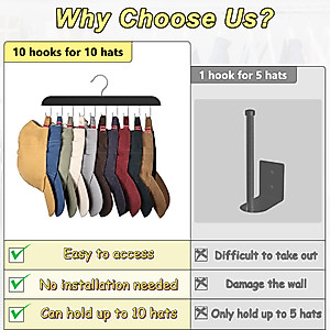 RESOVO 2 Pack Hat Hanger for Baseball Caps, Space Saving Hat Organizer w/ 10 Stainless Steel Hooks, Wooden Hats Rack Holder - Closet Storage Solution, No Mark Left Behind Black