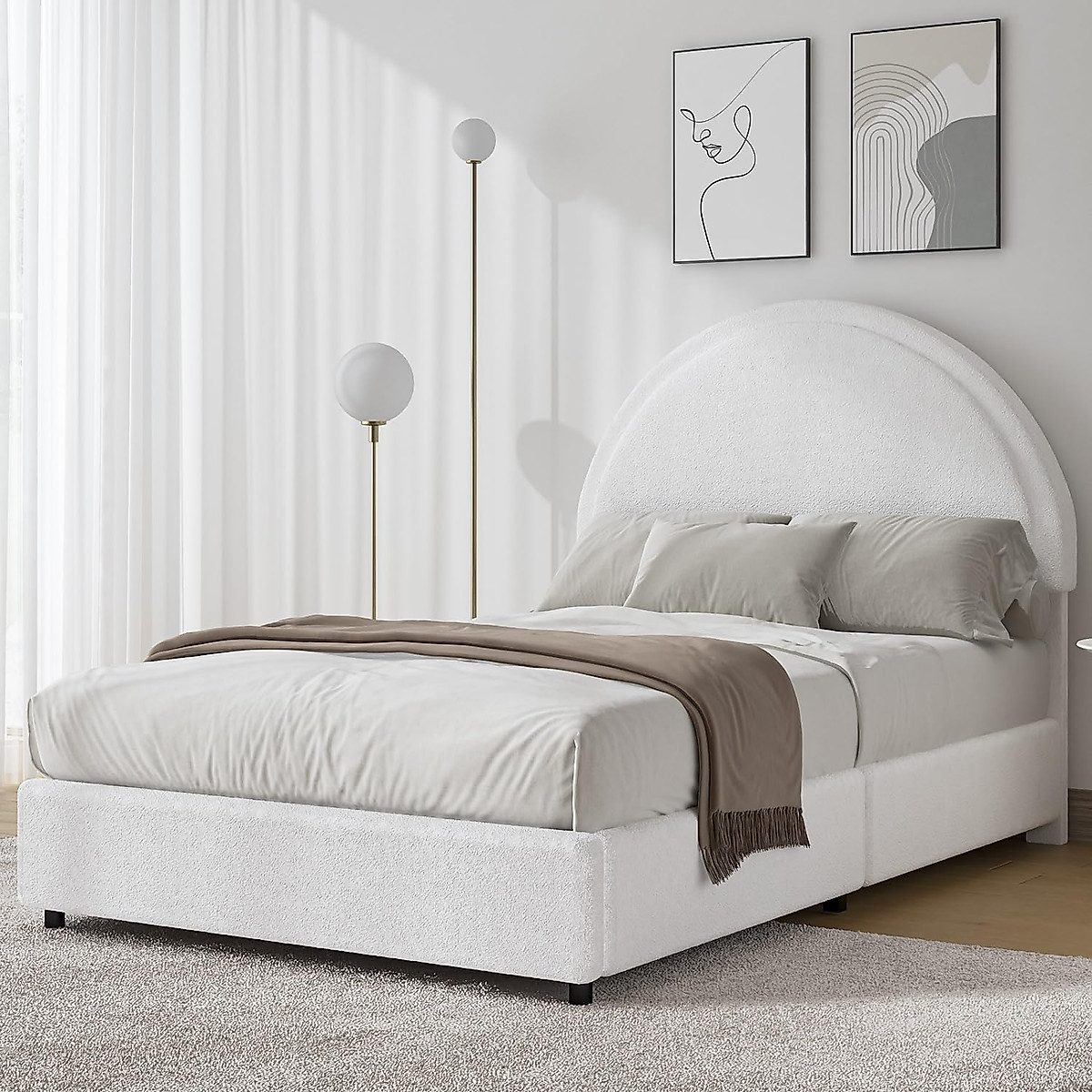 REVOMINCA Twin Size Bed Frame, Upholstered Boucle Bed Frame with Headboard, Modern Twin Beds, Soft Arch Shaped Round Headboard, No Box Spring Required, Easy Assembly, White