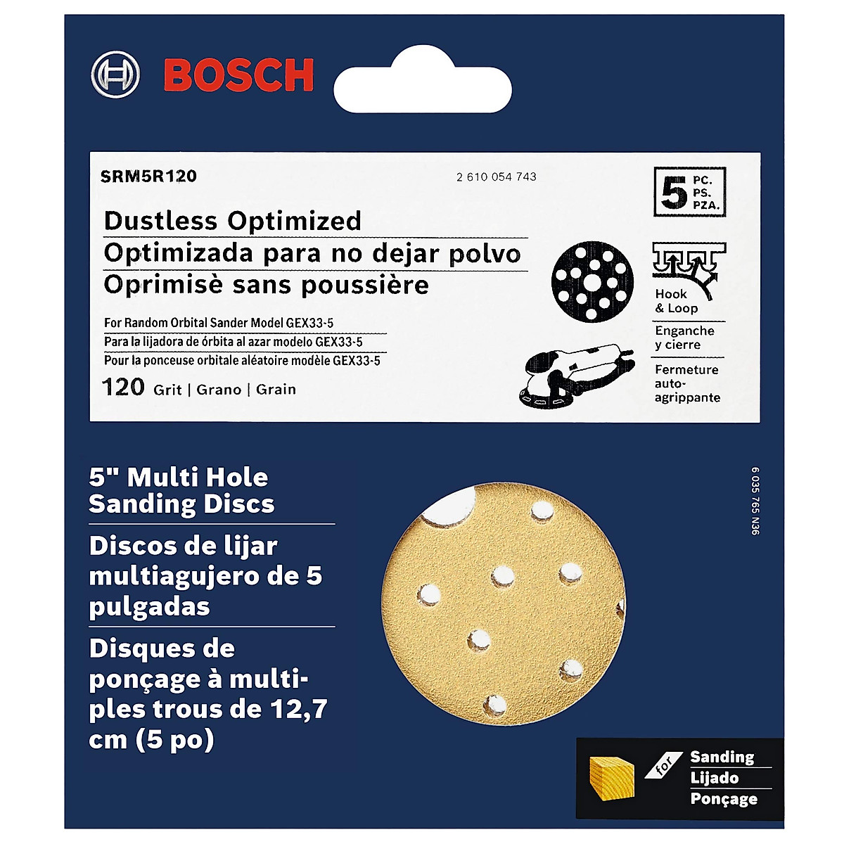 Bosch SRM5R120 5 pc. 120 Grit 5 in. Multi-Hole Hook-and-Loop Sanding Discs