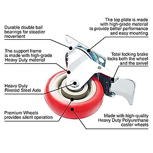 4 Pack 4" Caster Wheels Swivel 360 Degree 2 with Brake Swivel and 2 Rigid Non Swivel Fixed Stationery Combo On Red Polyurethane Wheels with Hardware