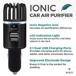 Enoch Ionic Car Air Purifier with Dual USB Car Charger. Car Air Freshener Eliminates Odor, Dust. Removes Smoke, Pet and Food Odor. Ionic Ozone Car Deodorizer (Matt Black)