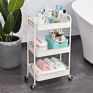 TOOLF 3-Tier Rolling Cart, Metal Utility Cart with Lockable Wheels, Storage Craft Art Cart Trolley Organizer Serving Cart Easy Assembly for Office, Bathroom, Kitchen, Kids' Room, Classroom (White)