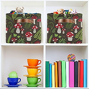 Kigai Mushroom Storage Basket Collapsible Rectangle Storage Bin Shelves Basket Organizer with Leather Handle for Closet, Office, Nursery, Home Decor