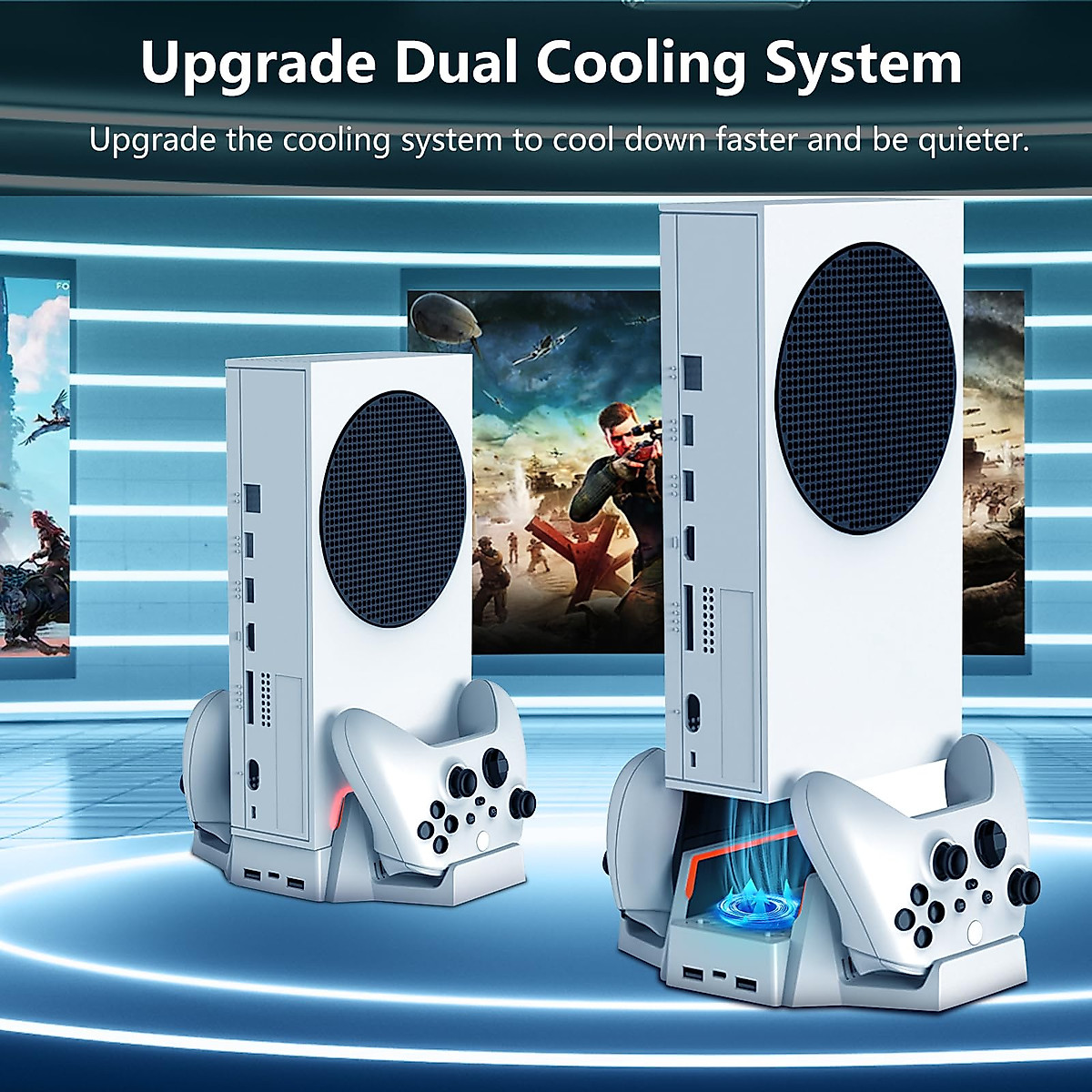 CTPOWER Cooling Stand for Xbox Series S with Dual Cooling Fan 3 Level Adjustable Speed, Dual Controller Charger with LED Indicator USB Port - 2 x 800mAh Rechargeable
