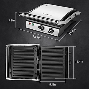 Aigostar Panini Press with removable plates, Electric Indoor Grill Smokeless, with Non-Stick Coated Plates, Opens 180 Degrees, Stainless Steel Sandwich Maker with Temperature Control & Timer, 1500W