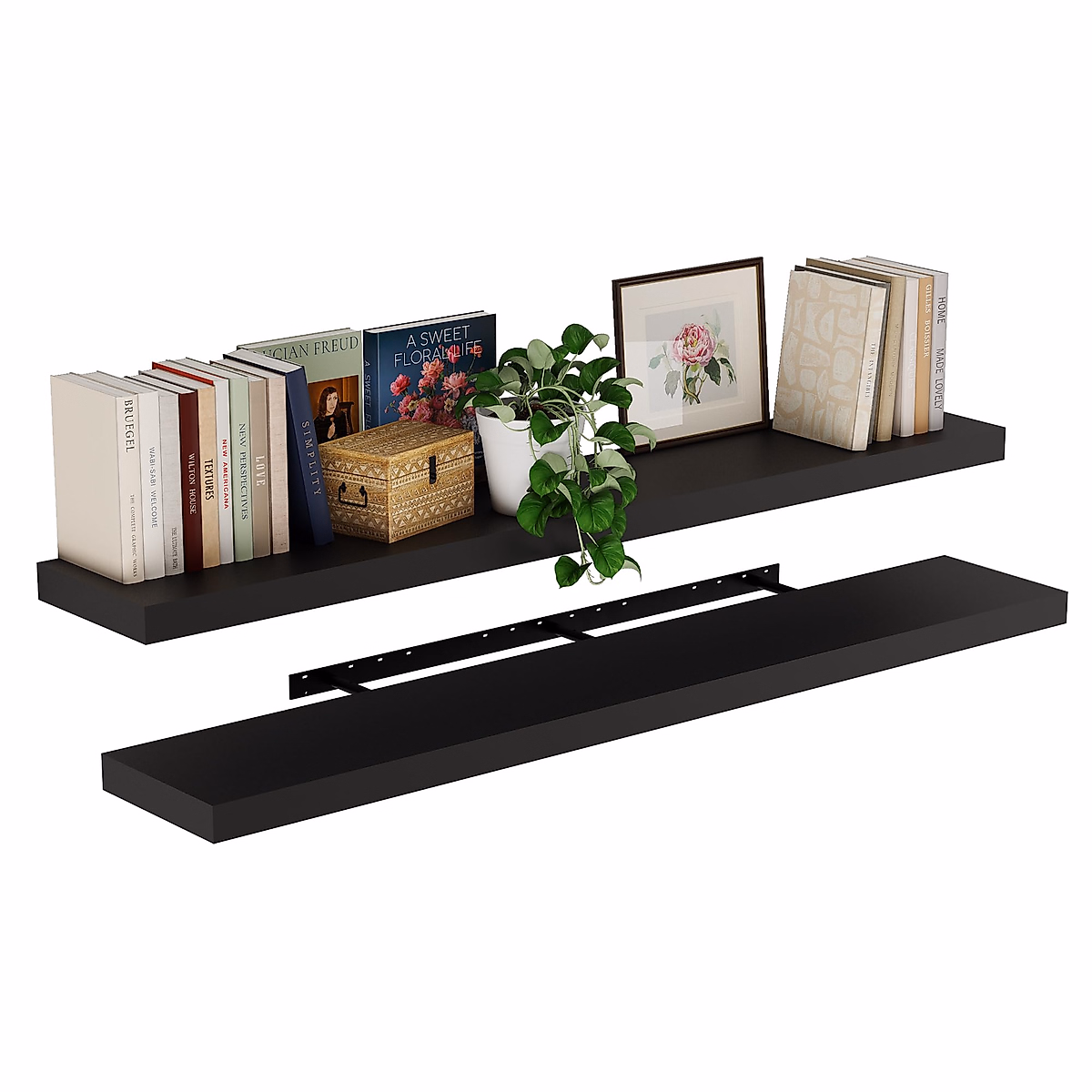 Wallniture Ronda 60 inch Floating Shelf, Wall Shelves for Living Room, Floating Bookshelves for Wall, Hanging Shelves for Bedroom, Kitchen Storage, Black Shelf, 2 pcs
