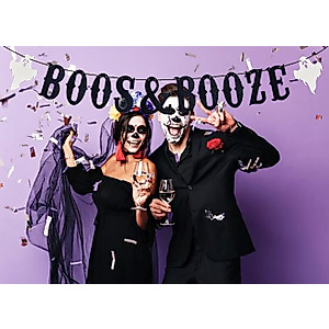 Black Halloween Boos & Booze Banner, Black Glittery Halloween Party Banner for Hocus Pocus Party Decorations, Halloween Bachelorette Party Decorations,Boos and Booze Decor