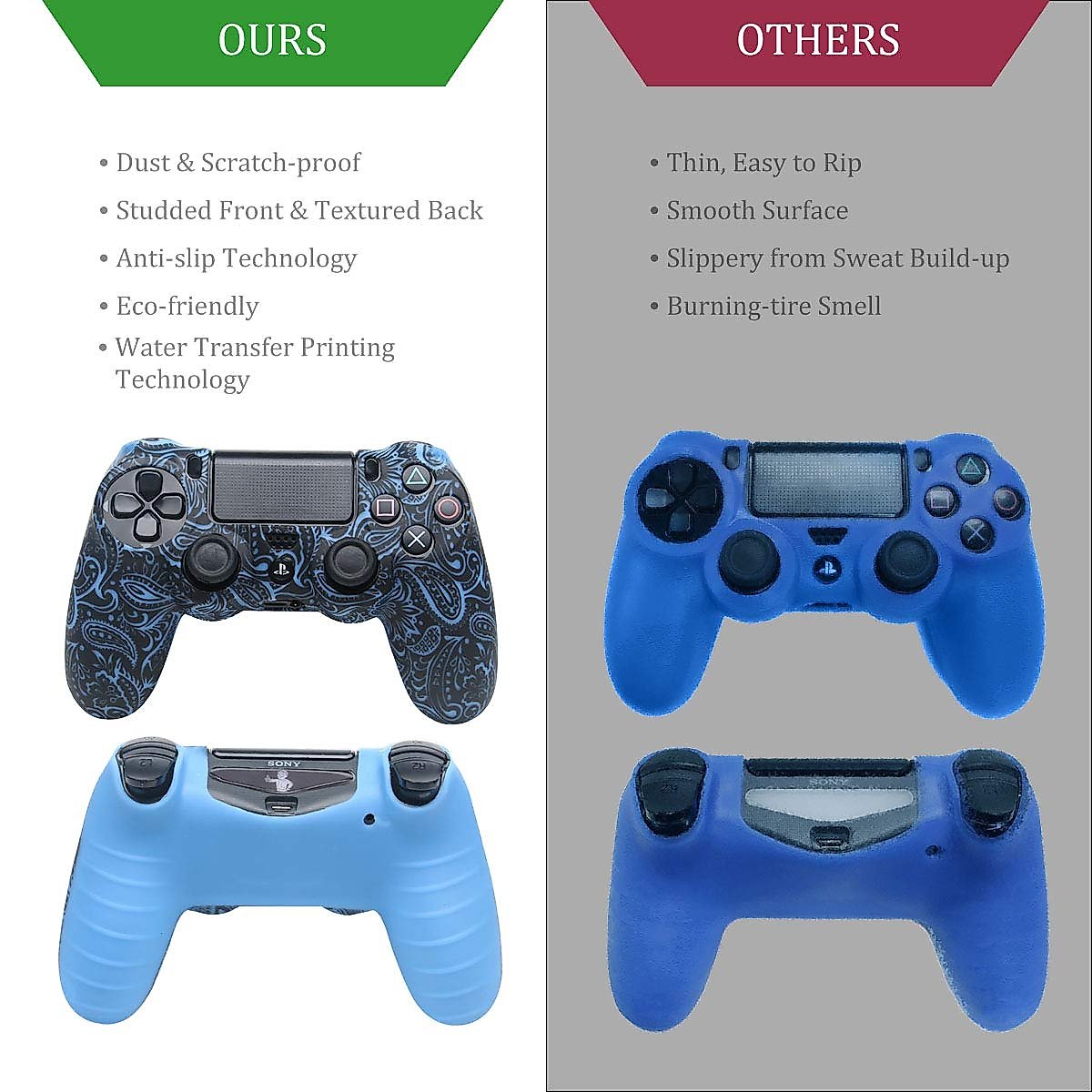 Silicone Controller Covers Compatible with PS4 Controller - 2 Pack of Anti-Slip Protector Controller Skin Case- with 4 Pairs Thumb Grips - Red & Blue