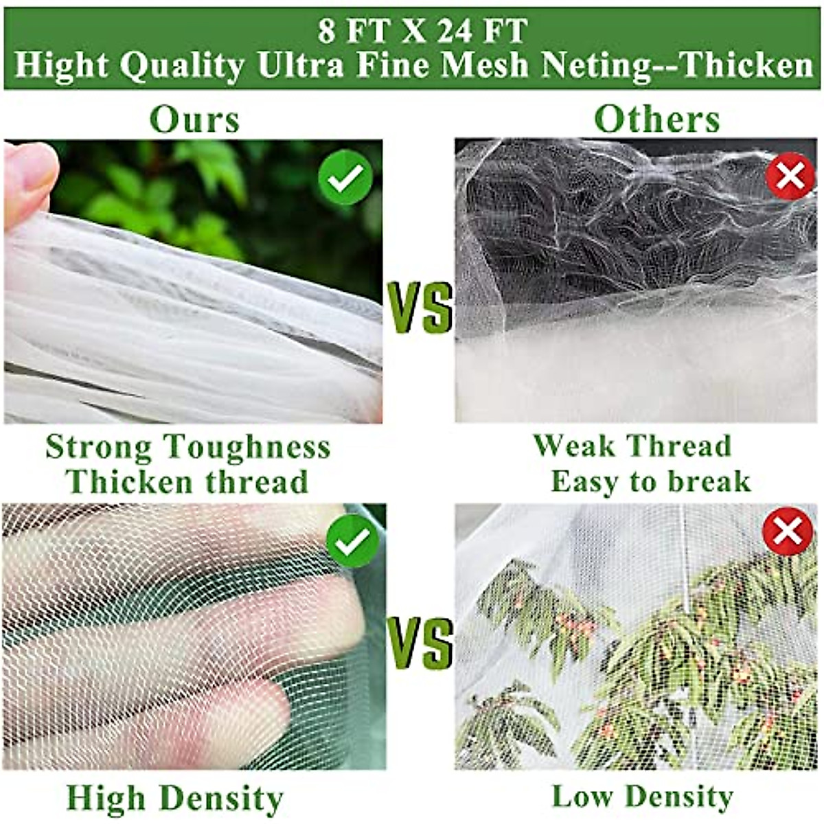 Garden Mesh Netting Kit, Plant Covers 8x24 Ft Ultra Fine Mesh Netting & 6Pcs Garden Hoops & 18 Clips for Vegetable Plants Fruits Flowers Crop Greenhouse Row Cover Birds Animals Barrier Protection Net