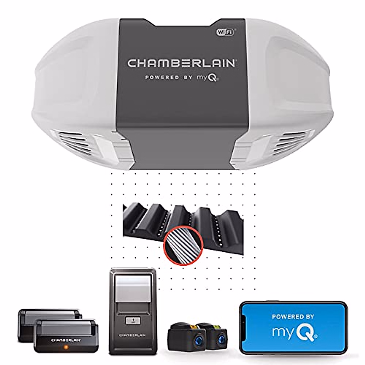 CHAMBERLAIN B2401 Smart Quiet Belt Drive Garage Door Opener, Gray