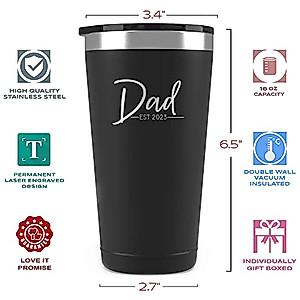 New Dad Gifts for Men - Dad EST 2023, 16 oz Insulated Coffee Tumbler with Lid - First Time Dad Gifts for Fathers Day - Gifts for New Dad - New Parents Gifts for Dads Ideas - Dad Tumbler Cup - Black