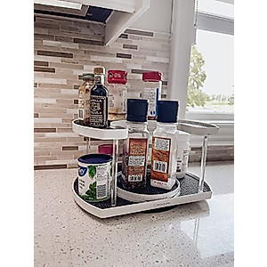 Stow-n-Spin Spice Rack Organizer for Cabinet 2 Tier Lazy Susan Organizer Holds 40 Spice Jars with Double Spinner on Bottom Spice Shelf for Kitchen Pantry Organization and Storage Made in USA