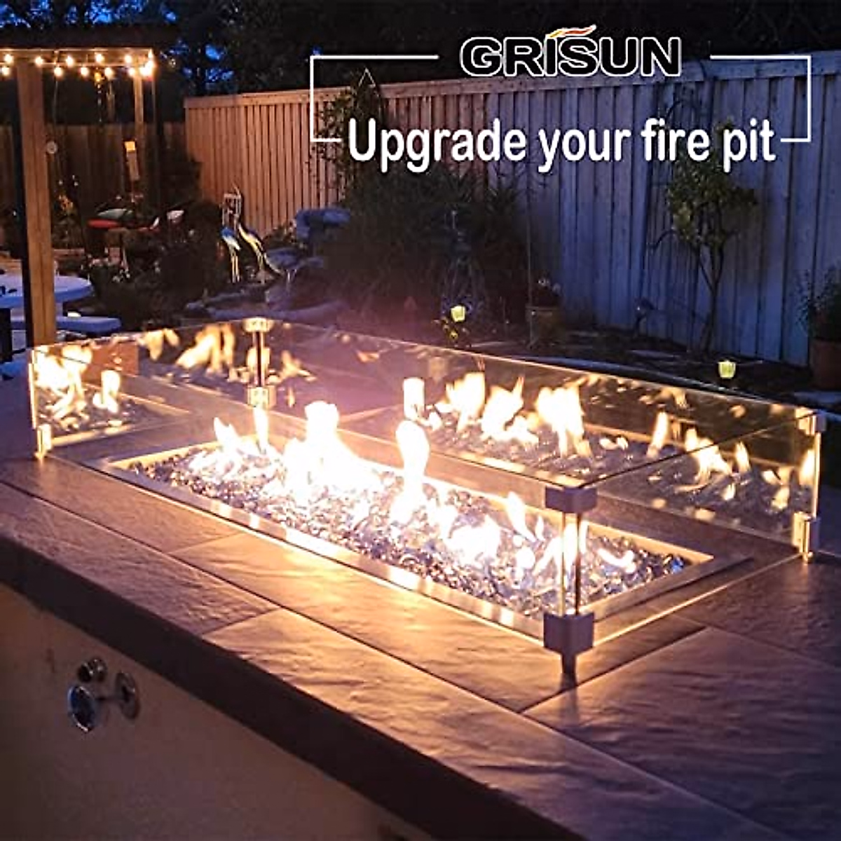 Grisun Fire Glass with Drop-in Fire Pit Kit 24 x 8 Inch, H-Shape Burner with Tray, Come with Upgraded Spark Ignition Kit for Gas Fire Pit, Fire Table