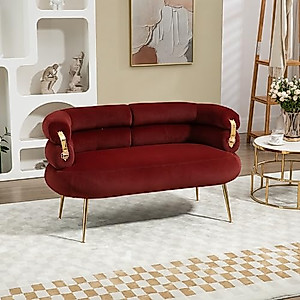 Lunanniu Velvet Loveseat Compact Gold Legs Golden Accent Clasps Comfy Love Seat Contemporary Small Accent Couch Arm Chair Modern for Living Room Bedroom for Small Space Wine Red