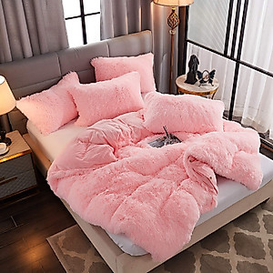 WERDIM Shaggy Fluffy Faux Fur Duvet Cover Set Button Closure Velvety Bedding Set Comforter Cover with Pillowcase Pink, Twin Size