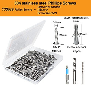 #6 x 1'' Wood Screws, Short Wood Screws, Flat Head Small Screws, Self Tapping Countersunk Head Drywall Screws, Cabinet Screws, for Repairing Wood Furniture, 130pcs and 20pcs Screw Anchors,Drill bits