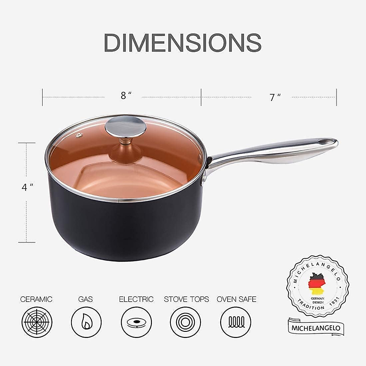 MICHELANGELO 3 Quart Saucepan + 11 Inch Frying Pan with Lid, Ultra Nonstick Coppper Sauce Pan with Lid, Ceramic Nonstick Saucepan and Frying Pan Small Sauce Pot, Copper Pot and Pan Set