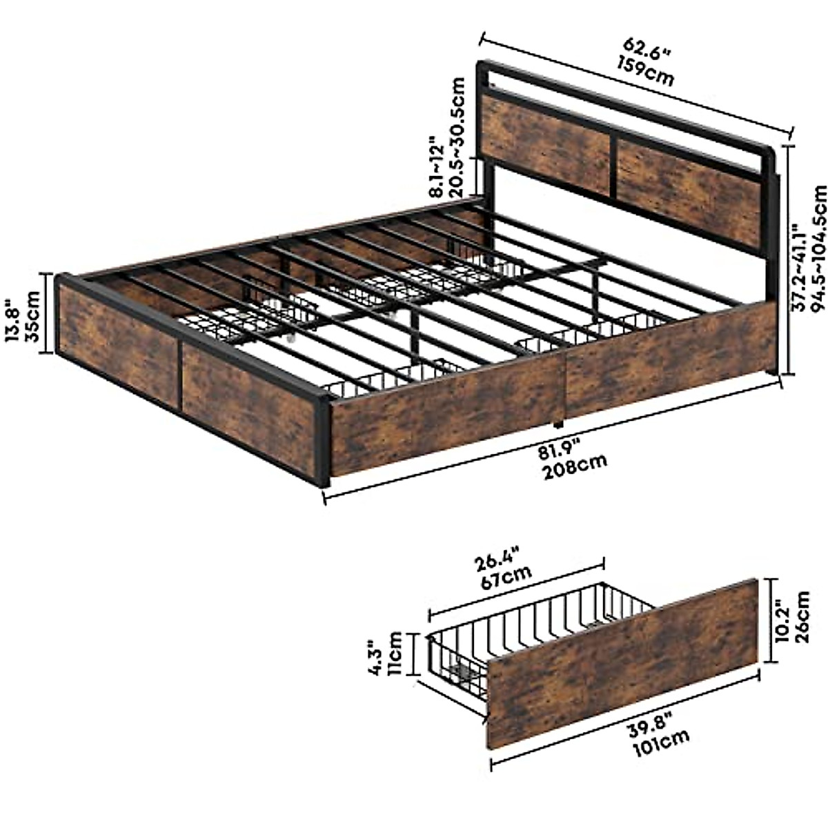 LIKIMIO Queen Bed Frame with Storage, Adjustable Headboard and 4 Drawers, Sturdy and Practical, No Noise, No Box Spring Needed, Easy Assembly, Vintage Brown