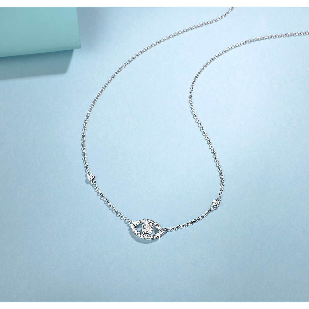 FANCIME Sterling Silver Evil Eye Necklace Cubic Zirconia Pendant Necklace Yom Kippur Lucky Fine Jewelry for Women 16 + 2 inch Extender