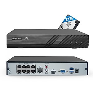 GWSECU 4K 8 Channel PoE NVR with 2TB HDD, H.265 3MP/4MP/5MP/6MP/8MP 8CH Network Video Recorder, Supports up to 8X 8MP/4K IP Cameras, 1 SATA Ports Up to 10 TB, Remote Access, NVR8P-2T