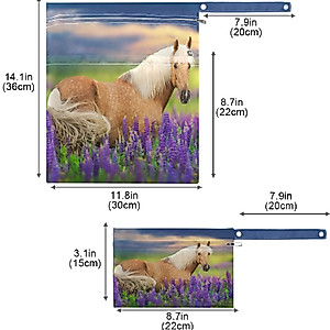 visesunny Palomino Horse Lavender Sunset 2Pcs Wet Bag with Zippered Pockets Washable Reusable Roomy for Travel,Beach,Pool,Daycare,Stroller,Diapers,Dirty Gym Clothes, Wet Swimsuits, Toiletries