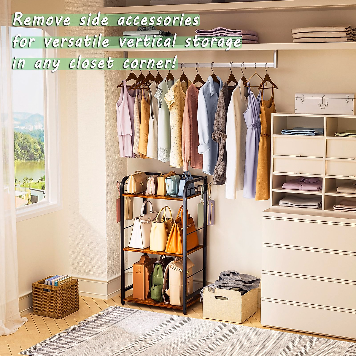 Purse Organizer with Side Hooks and Baskets for Purse Storage, Floor-Standing 3-Tier Purse Rack with Adjustable Feet, High-Capacity Bag Organizer for Closet, Iron and Wood Purse Holder, Patent Pending