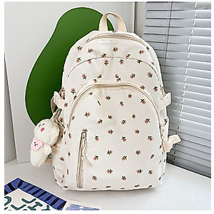 Floral Backpack with Kawaii Plush Puppy Pendant Accessories Cute Multi-Pockets Aesthetic Back to School Bookbag Laptop (White)