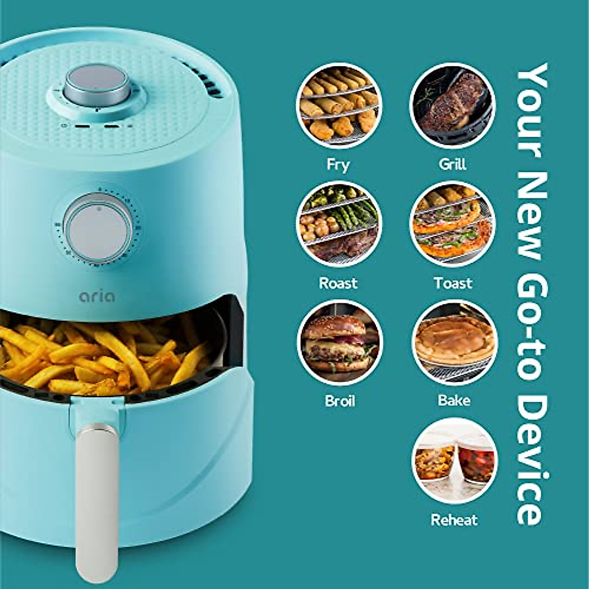 Aria Teflon-Free 3 Qt. Premium Ceramic Air Fryer with Recipe Book, Seafoam Teal