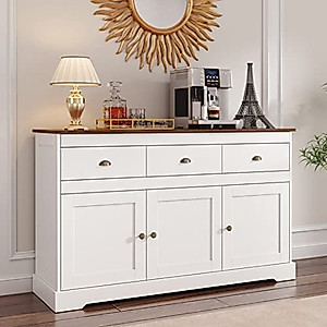 Anjiaqianmo White Buffet Cabinet Storage Kitchen Cabinet Sideboard Farmhouse Buffet Server Bar Wine Cabinet with 3 Drawers & 3 Doors Adjustable Shelves Console Table for Dining Living Room Cupboard