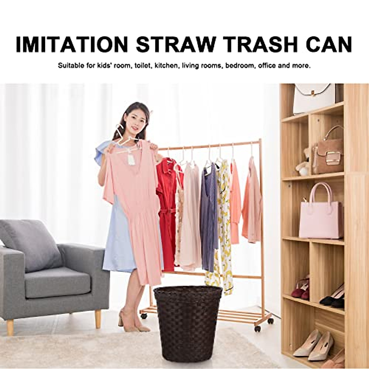 Ipetboom 1Pc Woven Baskets for Storage, Laundry Basket Bathroom Trash Can Garbage Can Small Trash Can Wicker Baskets Blanket Basket Storage Baskets Paper Rattan Basket for Home, Coffee