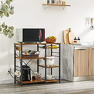 SUPERJARE Kitchen Bakers Rack with Power Outlet, Coffee Bar Table Station, Microwave Stand with 6 S-Shaped Hooks, Wire Basket, Storage Shelf - Rustic Brown