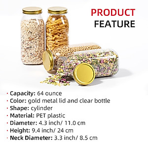 OMNISAFE 64 Ounce Clear Plastic Mason Jars With Screw On Lid, Reusable Empty Jars for Food Storage, BPA Free Containers for Sealing, Dry Food, Snacks, Candies, Breakage-proof, (Gold - 4 Pack)