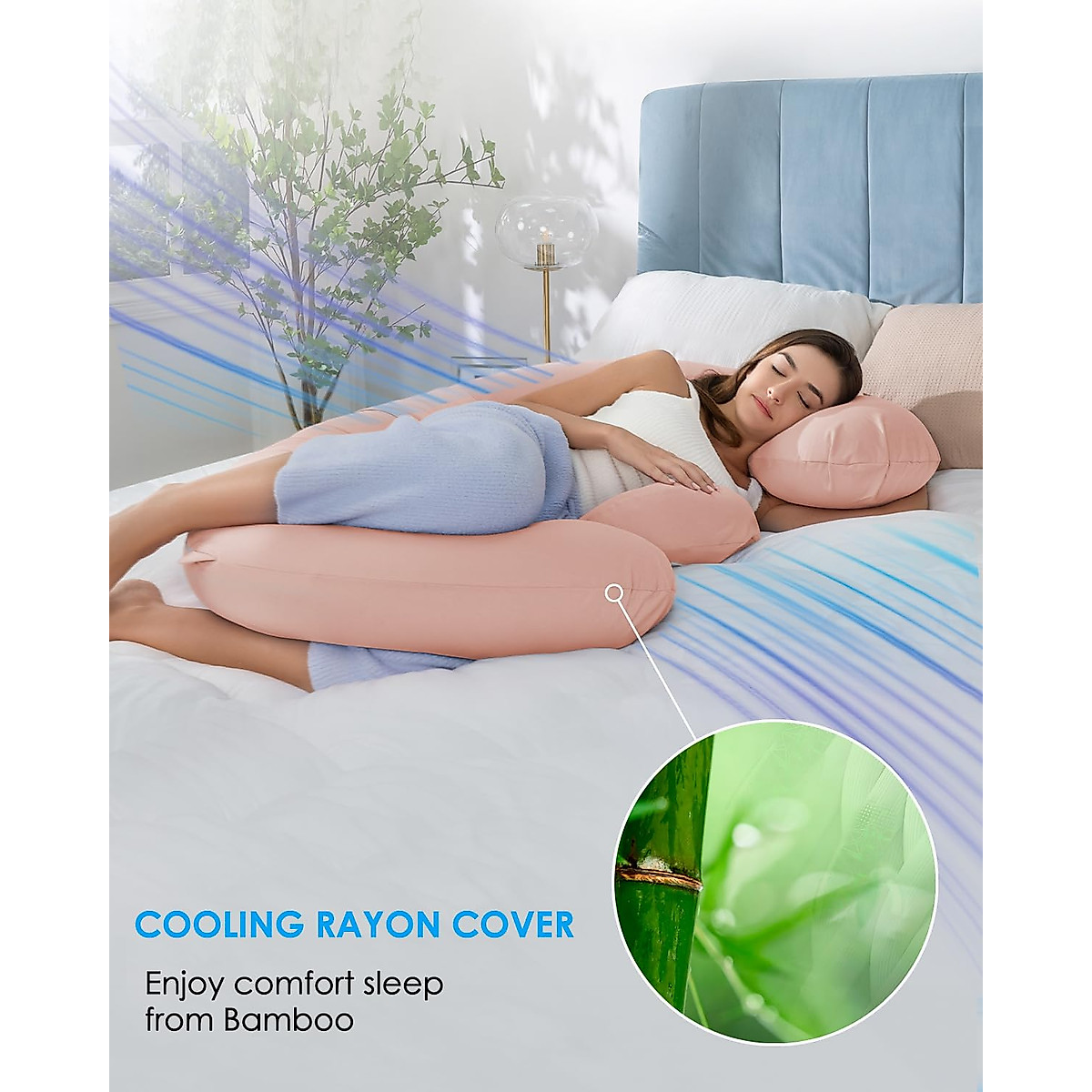 QUEEN ROSE Cooling E Shaped Pregnancy Pillows, Detachable Body Pillow for Sleeping, with Pregnancy Wedge Pillow for Belly Support, Cooling Rayon Cover,Pink