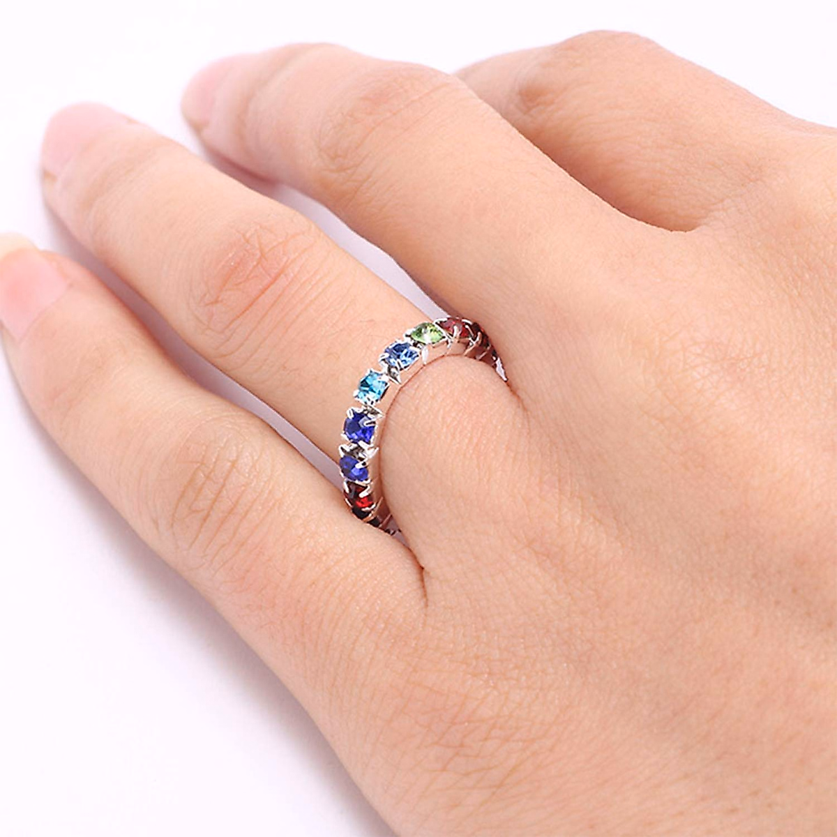 JinYu 10 Pcs Rhinestone 1 Rows Crystals Inlaid Paved Jewelry Stretch Elastic Finger Ring for Women Silver, Colorful