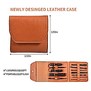 Tirdkid Gift for Man/Woman Nail Clipper Set, Manicure Set,fingernail clippers kit, Sharp Black Stainless Steel Pedicure and Manicure kit with PU Leather Case（Brown 12 In 1）