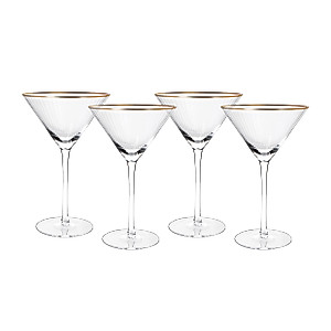 Hand Blown Gold Rim Martini Glasses - Set of 4-10 oz, 24K Gilded Classic Vintage Glasses For Martinis, Cocktails, Champagne, Water & Wine - Classic Coupes Gilded Rimed, Crystal Coupe with Stems