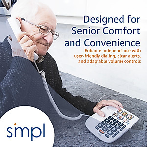 SMPL Hands-Free Dial Photo Memory Corded Phone, One-Touch Dialing, Large Buttons, Flashing Alerts, Durable, Perfect for Seniors, Alzheimer's, Dementia, Hearing Impaired