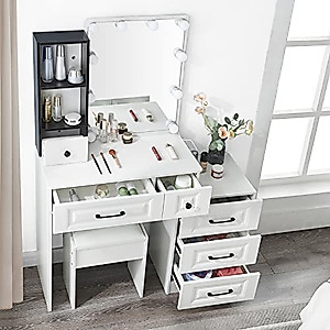 Kkonetoy Modern Makeup Vanity Desk with Lights and Table Set, White Vanity Table Set with Drawers & Cushioned Stool for Bedroom, Dresser Dressing Table for Girls
