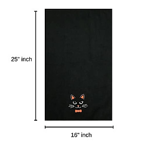 Decorative Halloween Hand Towels: Black Plush Velour Cotton Embroidered Design, Set of 2 (Cat)
