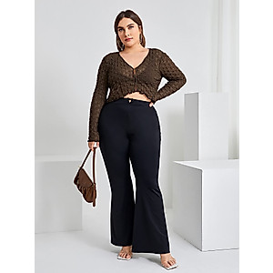 Floerns Women's Plus Size V Neck Lettuce Trim Long Sleeve Mesh Crop Top T Shirt Brown 2XL