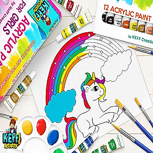 KEFF Paint Set for Kids, Art for Kids - Paint Kit with Non Toxic Washable Acrylic Paint for Kids - Kids Painting Set with Pre-Drawn Canvas Boards, Easel, Brushes, Kids Paint, Palette & Smock for Girls